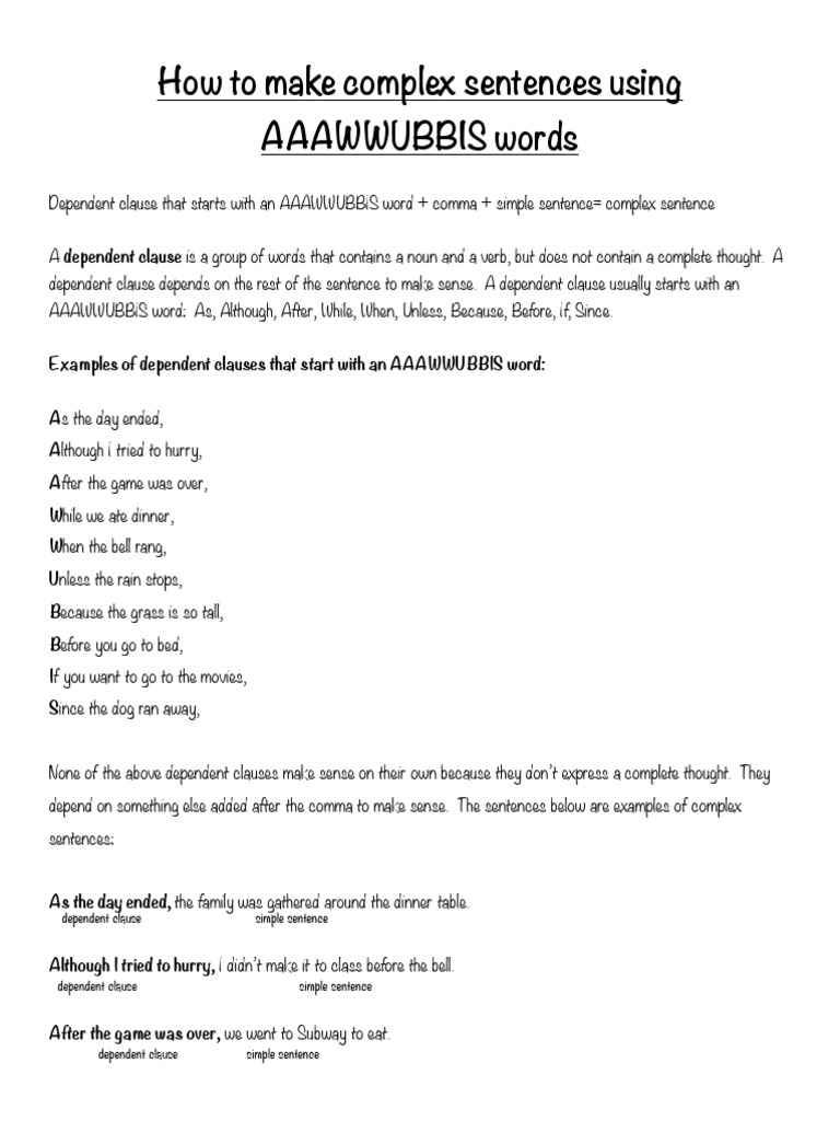 PDF How To Make Complex Sentences Using Aaawwubbis Words | PDF ...