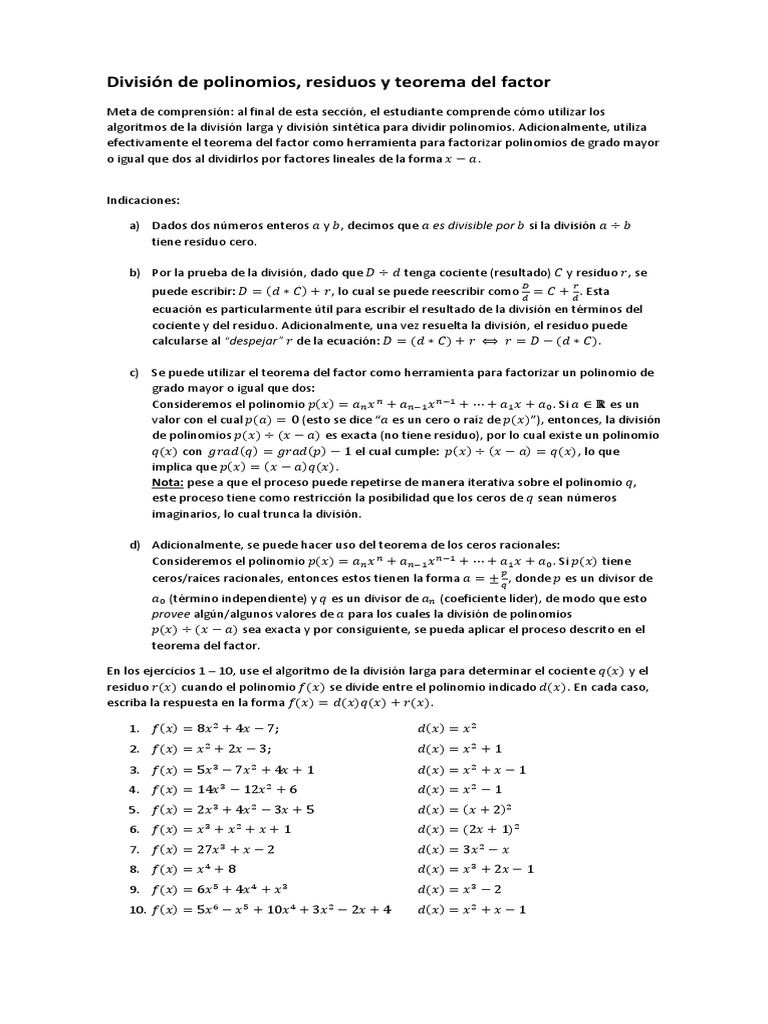 Taller 2. División de Polinomios, Residuos y Teorema Del Factor | PDF | División (Matemáticas ...