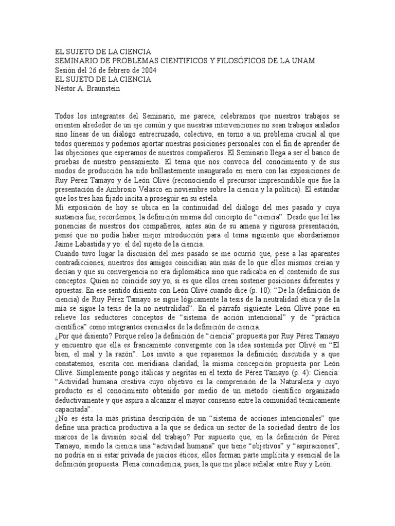 El Sujeto de La Ciencia Nestor Braunstein | PDF | Psicoanálisis | Science