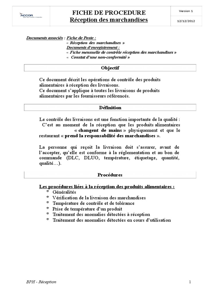 14 - Fiche de Procedure Reception Des Marchandises | PDF | Thermomètre ...