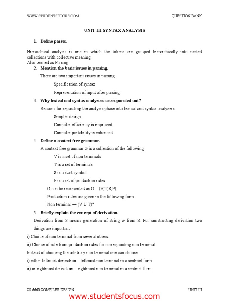 Unit Iii Syntax Analysis 1. Define Parser.: Question Bank | PDF | Parsing | Language Mechanics