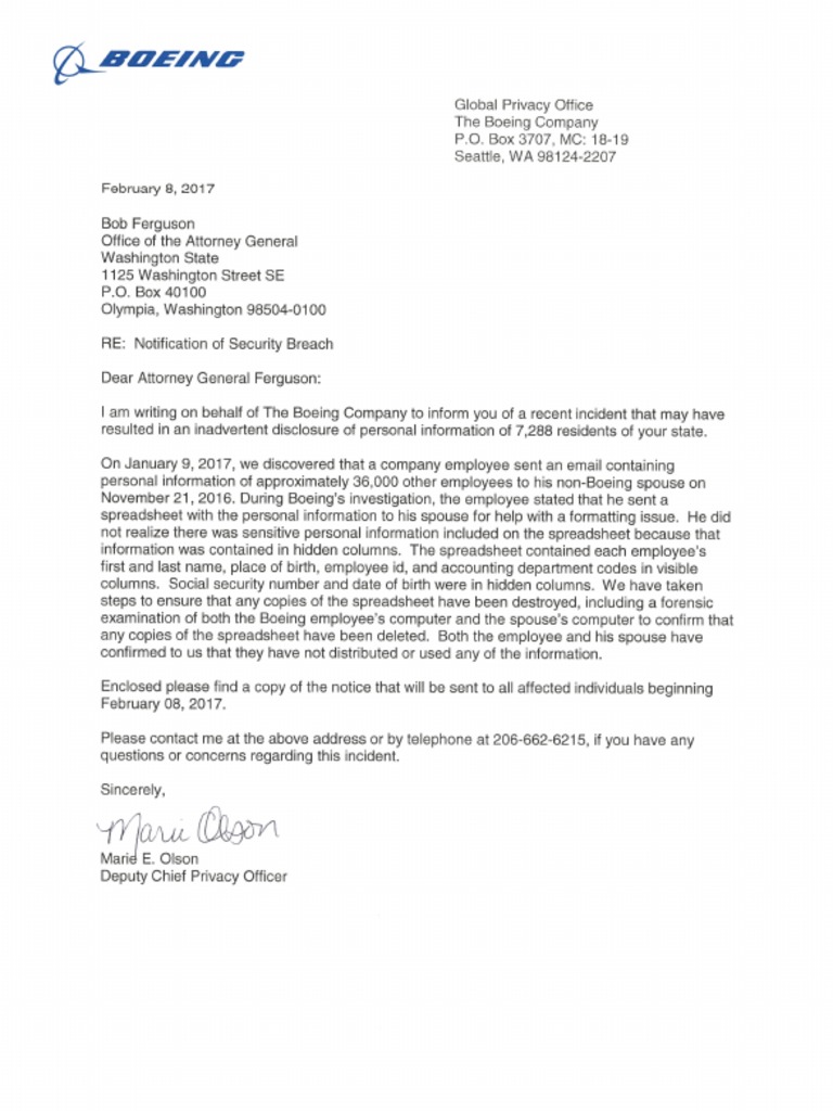 Boeing Letter On Employee Data Breach | PDF