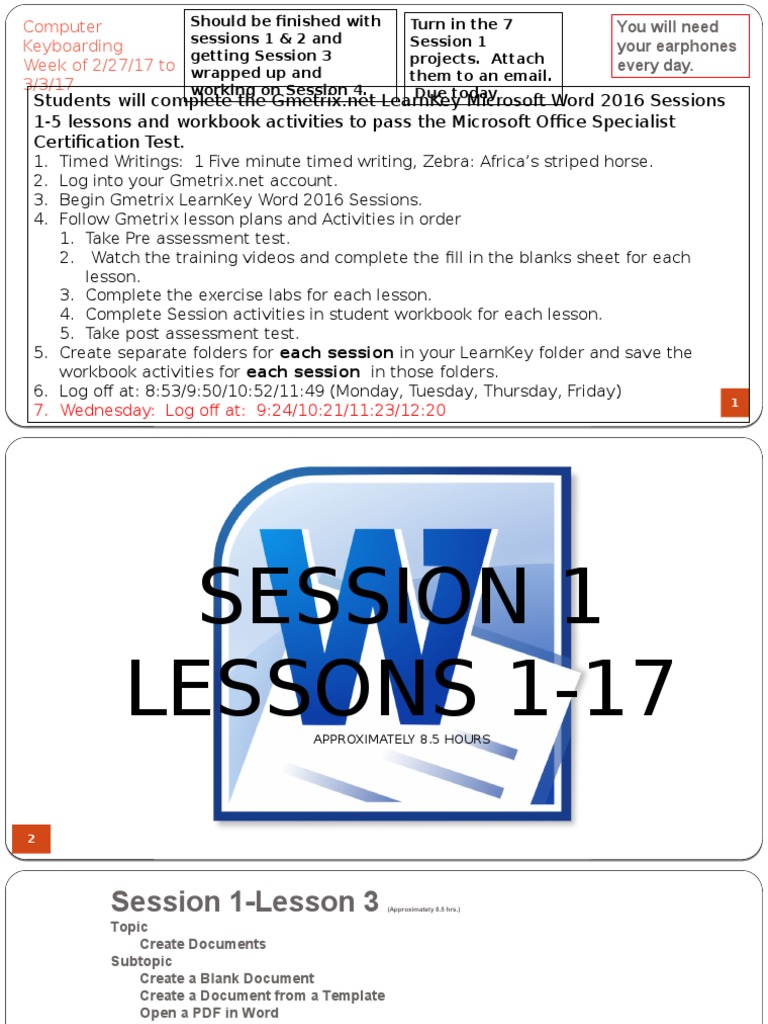 Gmetrix Learnkey Word 2016 Session 1-5 Lesson Plans | PDF