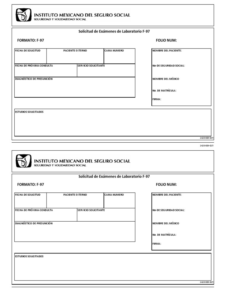 Formato Solicitud de Examenes de Laboratorio F-97