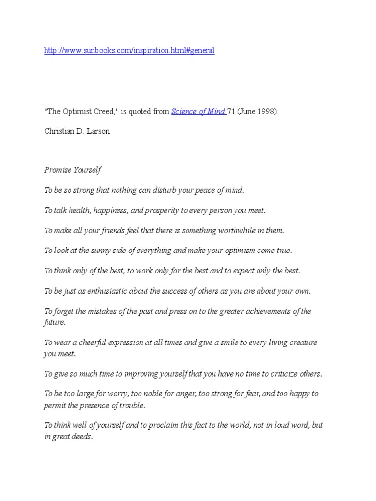 The Optimist Creed | PDF | Mental Image | Thought