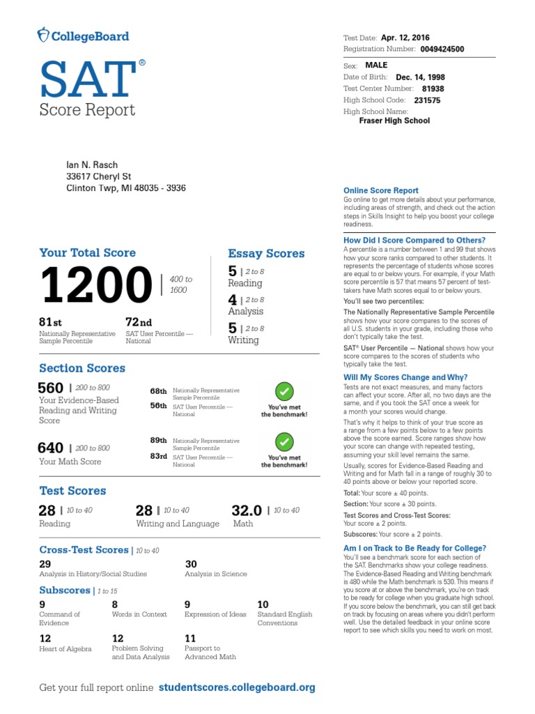 Score Report: Your Total Score Essay Scores | PDF | Sat | Cognition