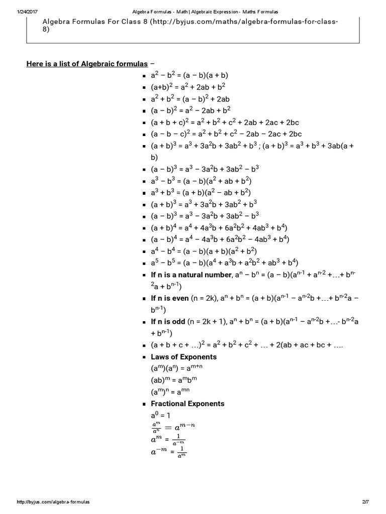 Algebra Formulas for Class 8 | PDF | Algebra | Teaching Mathematics