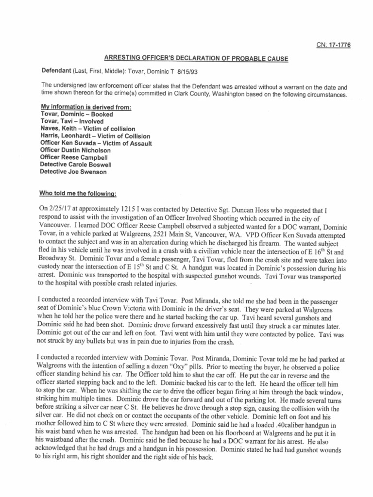 Tovar Arrest Probable Cause Statement | PDF