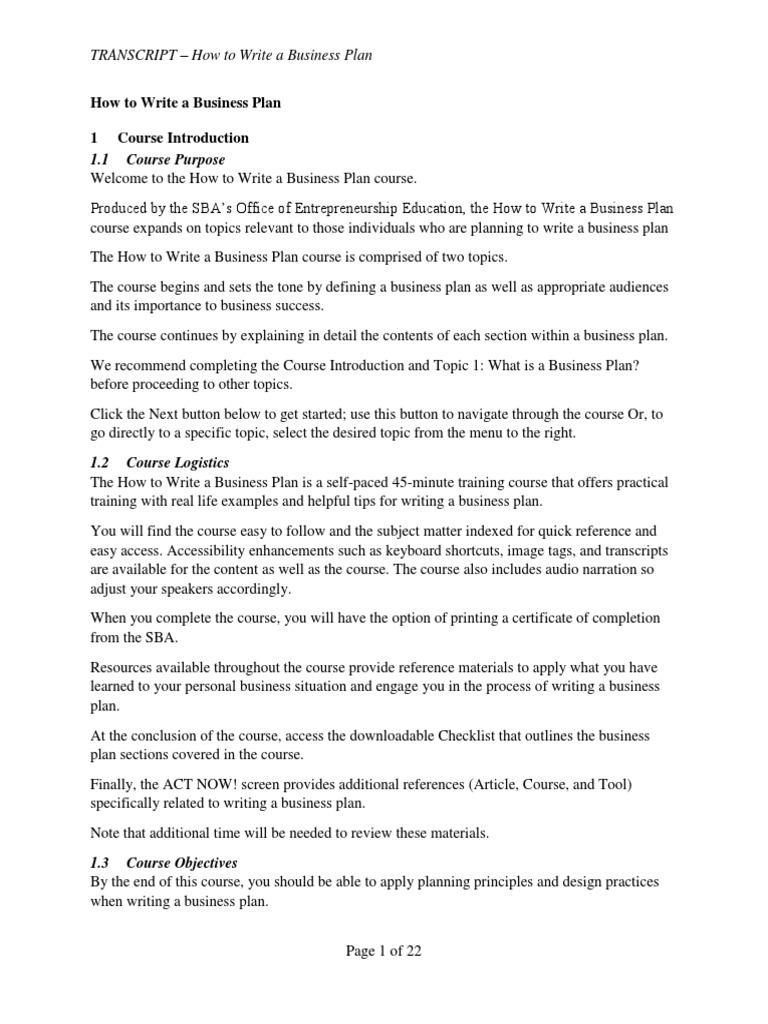 TRANSCRIPT - How To Write A Business Plan Transcript 1 | PDF | Balance ...