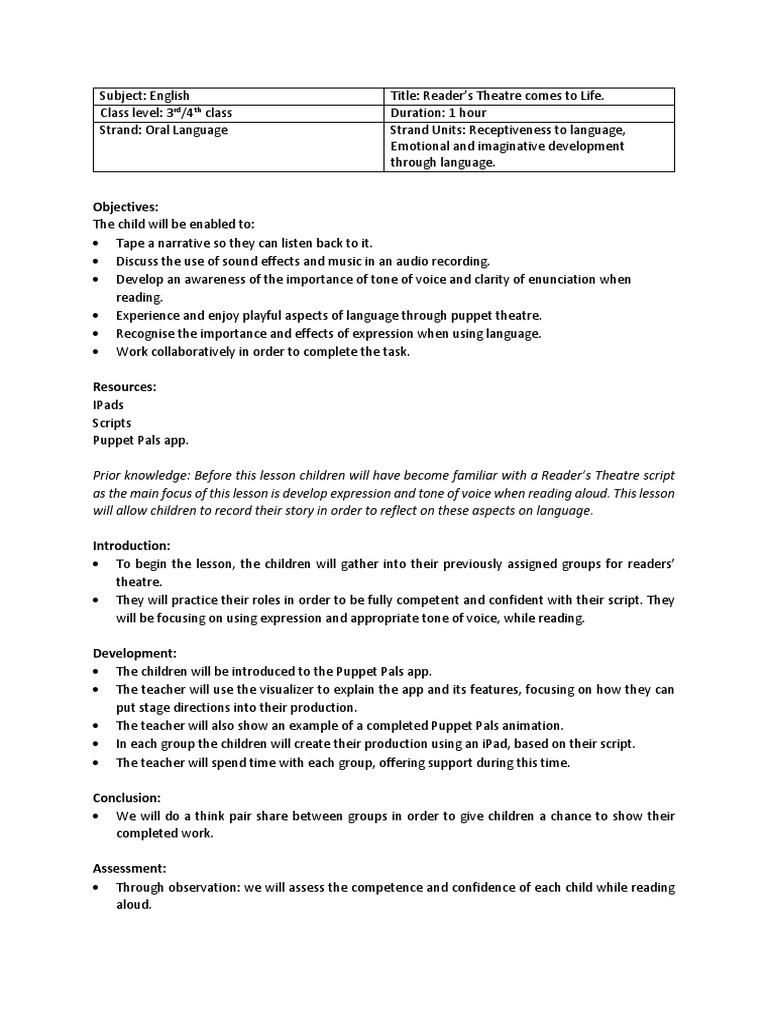 Puppet Pal Lesson Plan | PDF | Narrative | Theatre