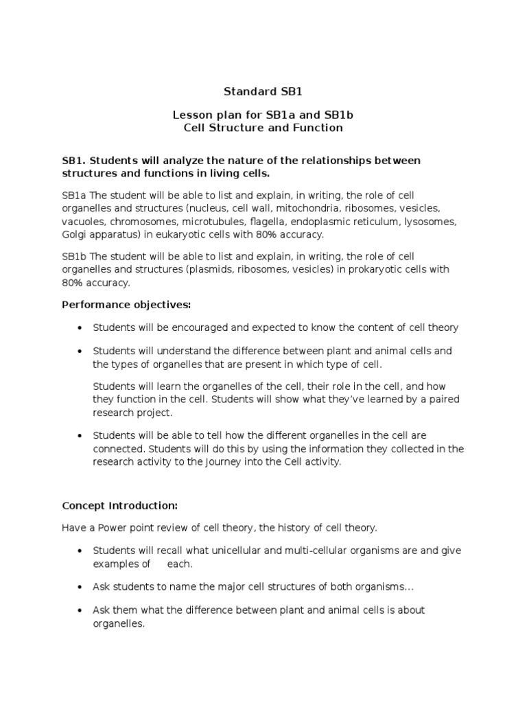 Cell Structure and Function Lesson Plan | PDF | Eukaryotes | Organelle