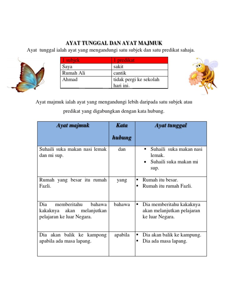 Bahasa Malaysia Tahun 4 Ayat Tunggal Dan Ayat Majmuk | PDF