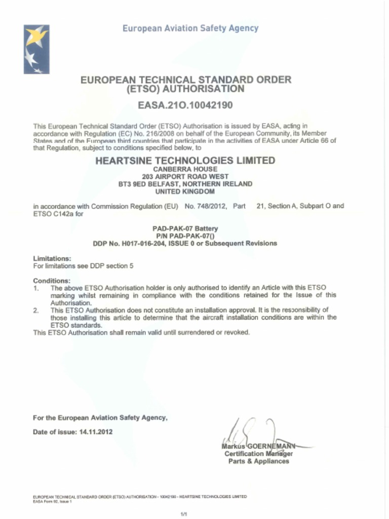 Aviation eTSO Authorization HeartSine 350P AED | PDF