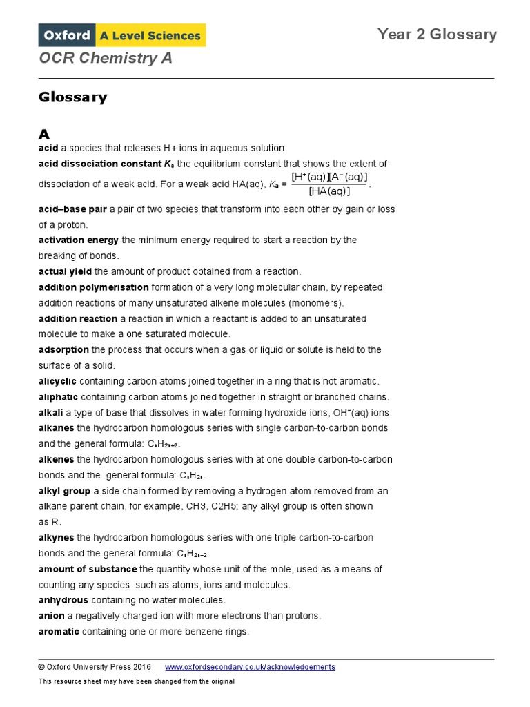 OCR Chemistry A Level Y2 Glossary | PDF | Chemical Bond | Chemical ...
