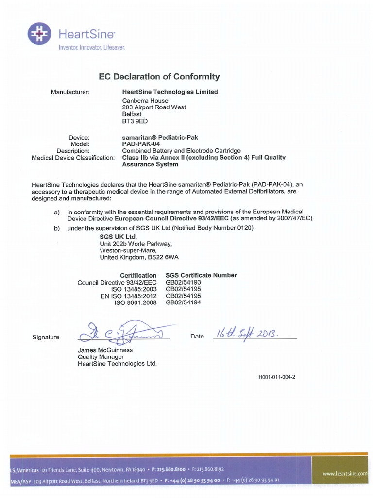 HeartSine 350P Pak-Pak Pediatric Declaration of Conformity | PDF