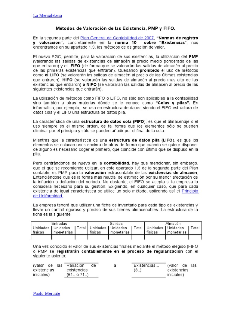 Métodos de Valoración de Existencias Precio Medio Ponderado y FIFO PDF | PDF | Contabilidad ...