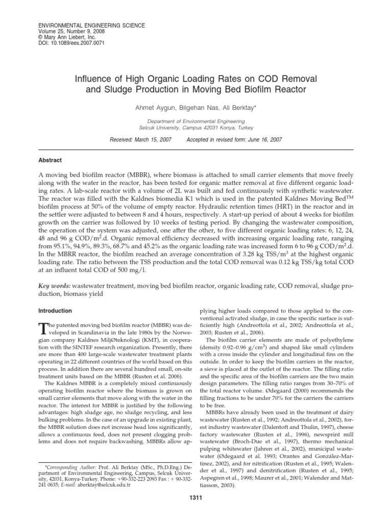Influence of High Organic Loading Rates On COD Removal in MBBR PDF ...