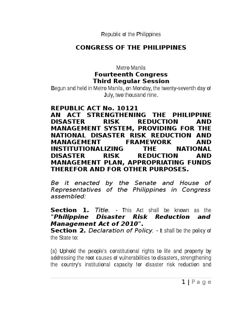 ra 10121 | Emergency Management | Disaster Risk Reduction