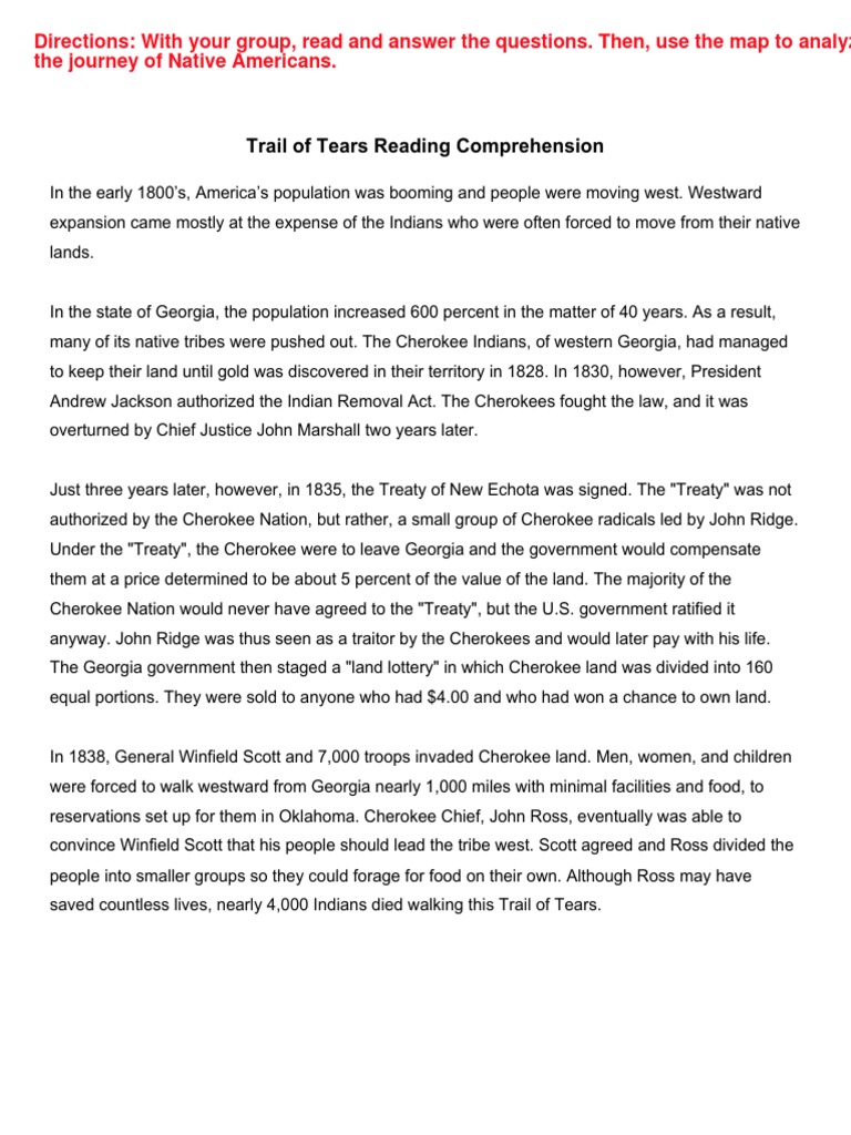 Trail Of Tears Reading Comprehension