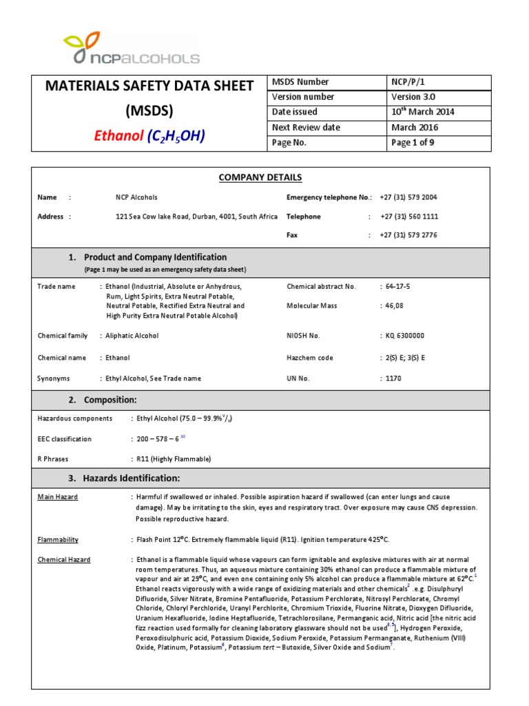 MSDS Light Spirit | Ethanol | Dangerous Goods