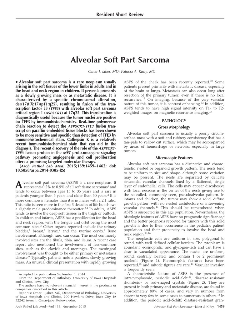 Alveolar Soft Part Sarcoma | PDF | Metastasis | Immunohistochemistry
