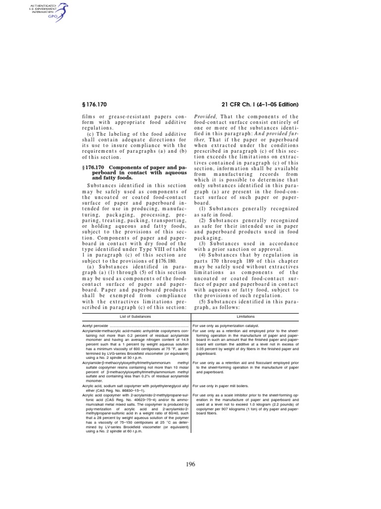 CFR 176 170 | PDF | Paperboard | Paper