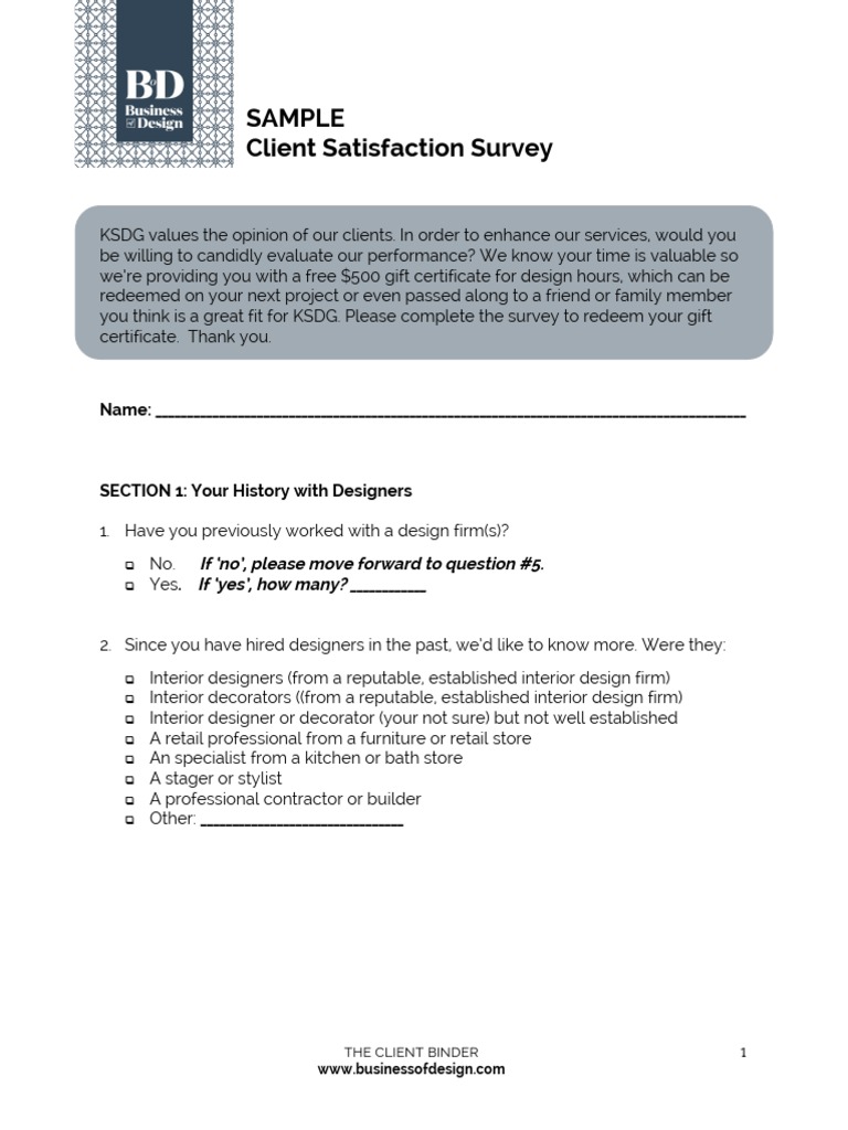 SAMPLE Client Satisfaction Survey | PDF | Interior Design | Business