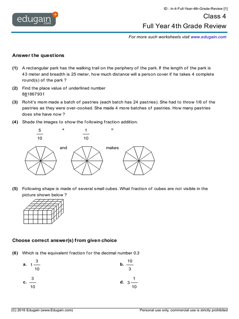 Class 4 Full Year 4th Grade Review: Answer The Questions | PDF ...