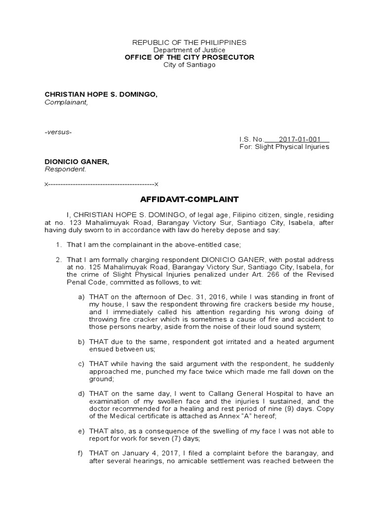 Affidavit for Slight Physical Injuries | PDF | Affidavit | Legal Procedure