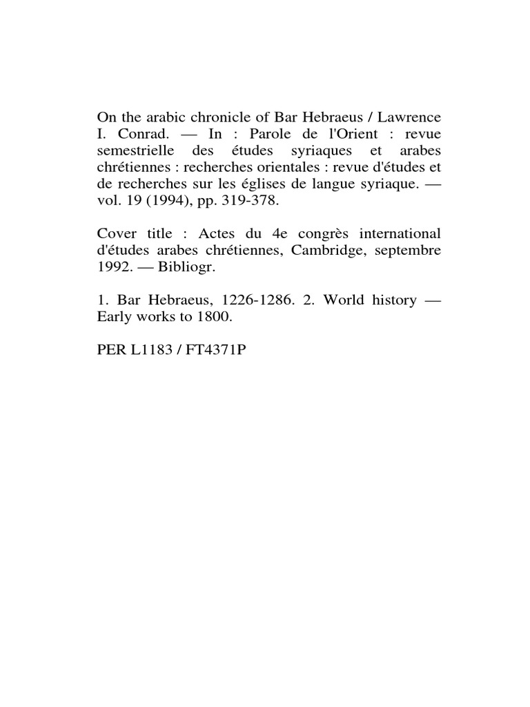 On The Arabic Chronicle of Bar Hebraeus | PDF | Religion et spiritualité