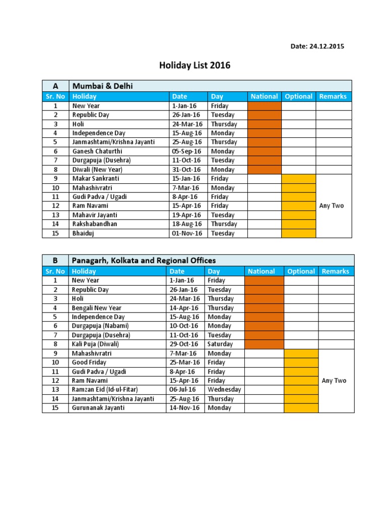 Holiday List - 2016 | PDF