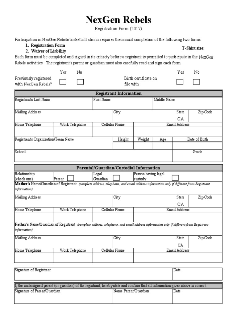 Nexgen Rebels: Registration Form (2016) | PDF | Legal Guardian | Email