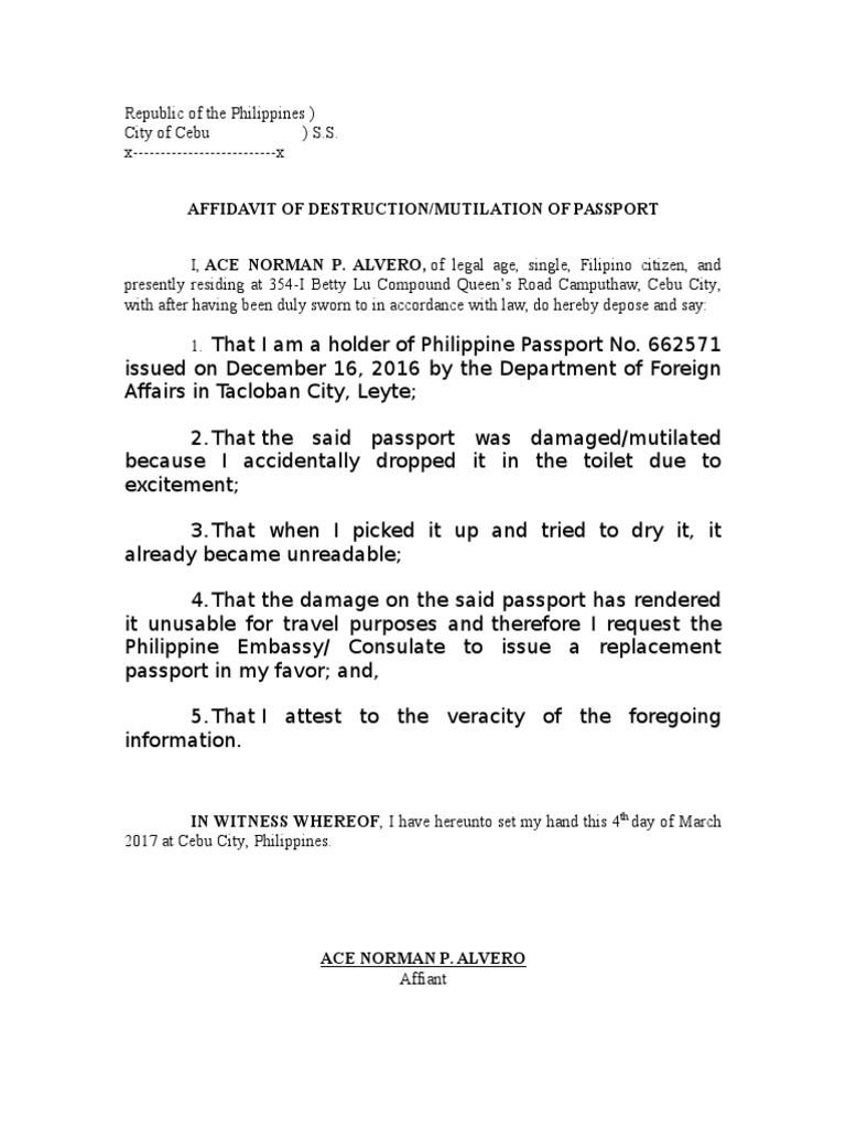 Affidavit of Mutilation of Passport | Affidavit | International Law