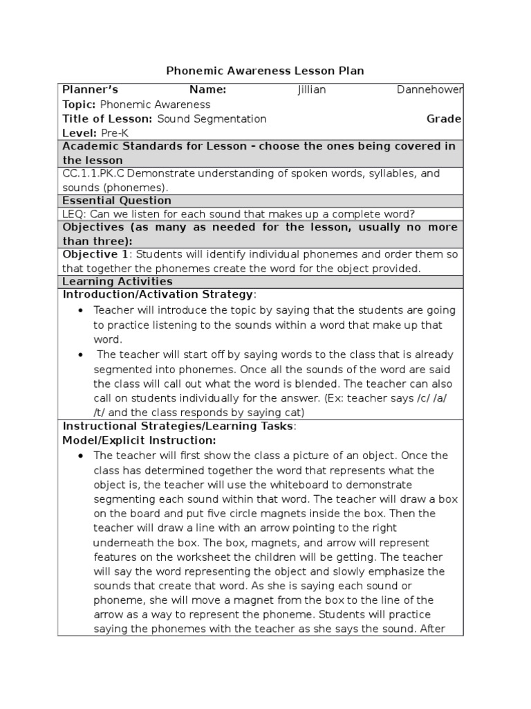 Phonemic Awareness Lesson Plan Final | PDF