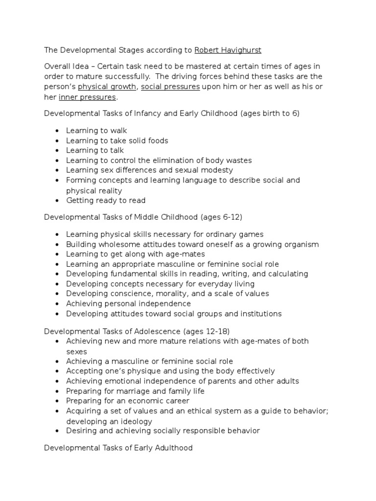 Robert Havighurst's Developmental Stages and Associated Tasks Across ...