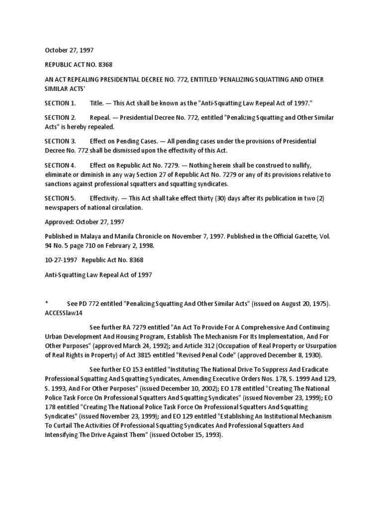 Republic Act 8368 PDF Squatting Decree