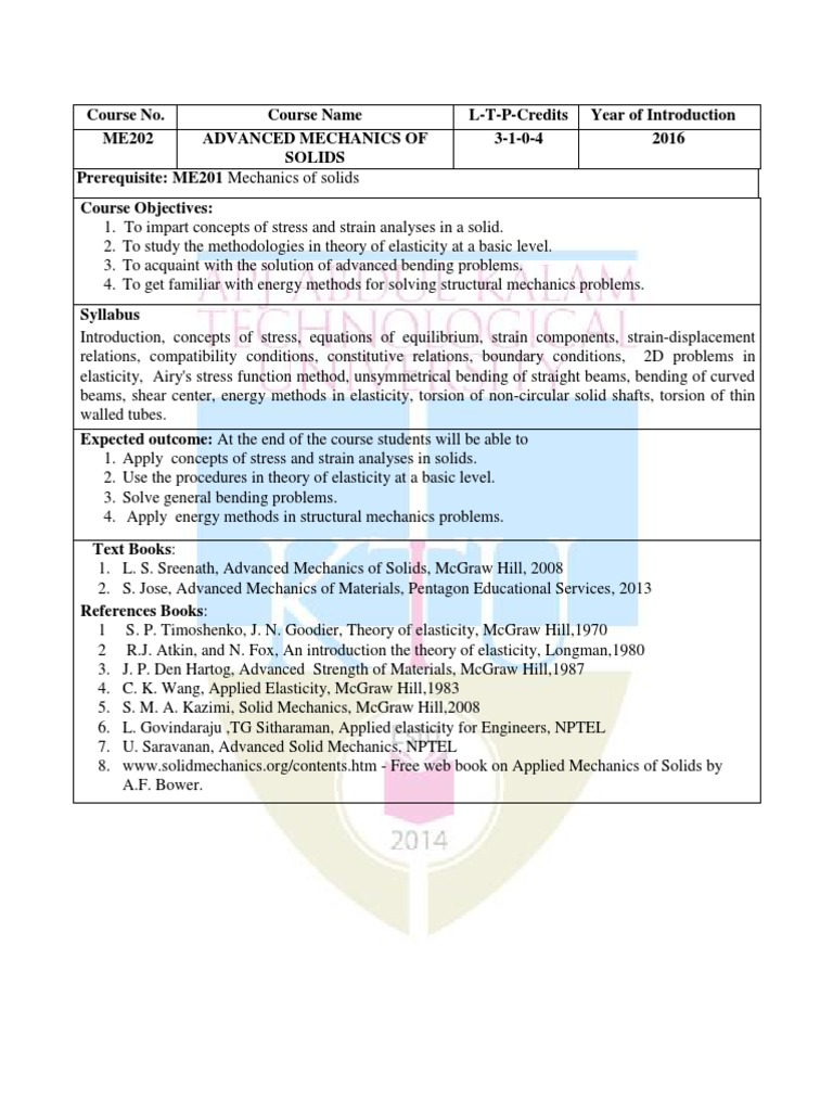 ME 202 Advanced Mechanics of Solids PDF | PDF | Stress (Mechanics ...