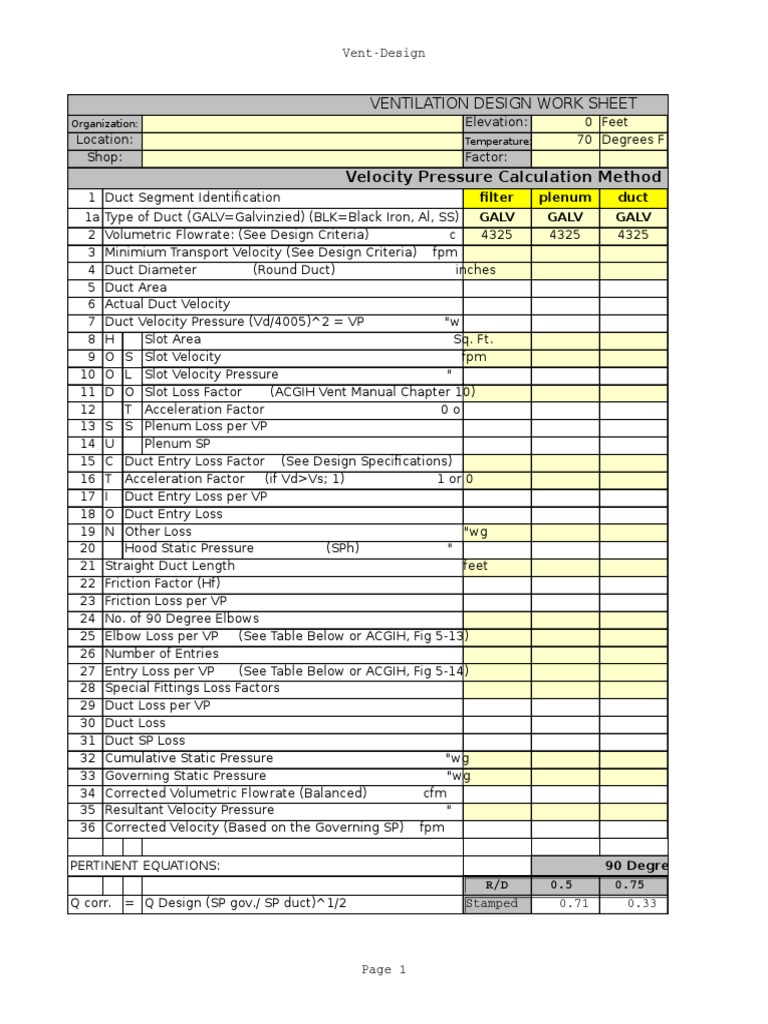 Velocity Pressure Calculation Method: Ventilation Design Work Sheet ...