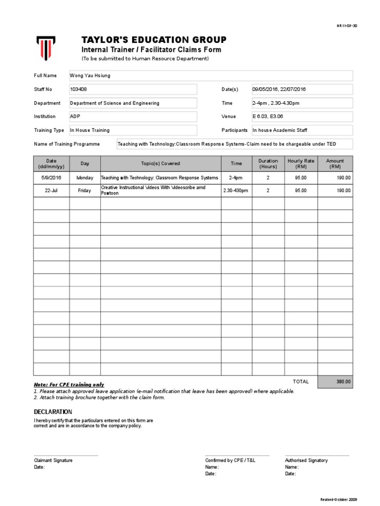 Internal Trainer Claims Form Template | PDF | Further Education ...