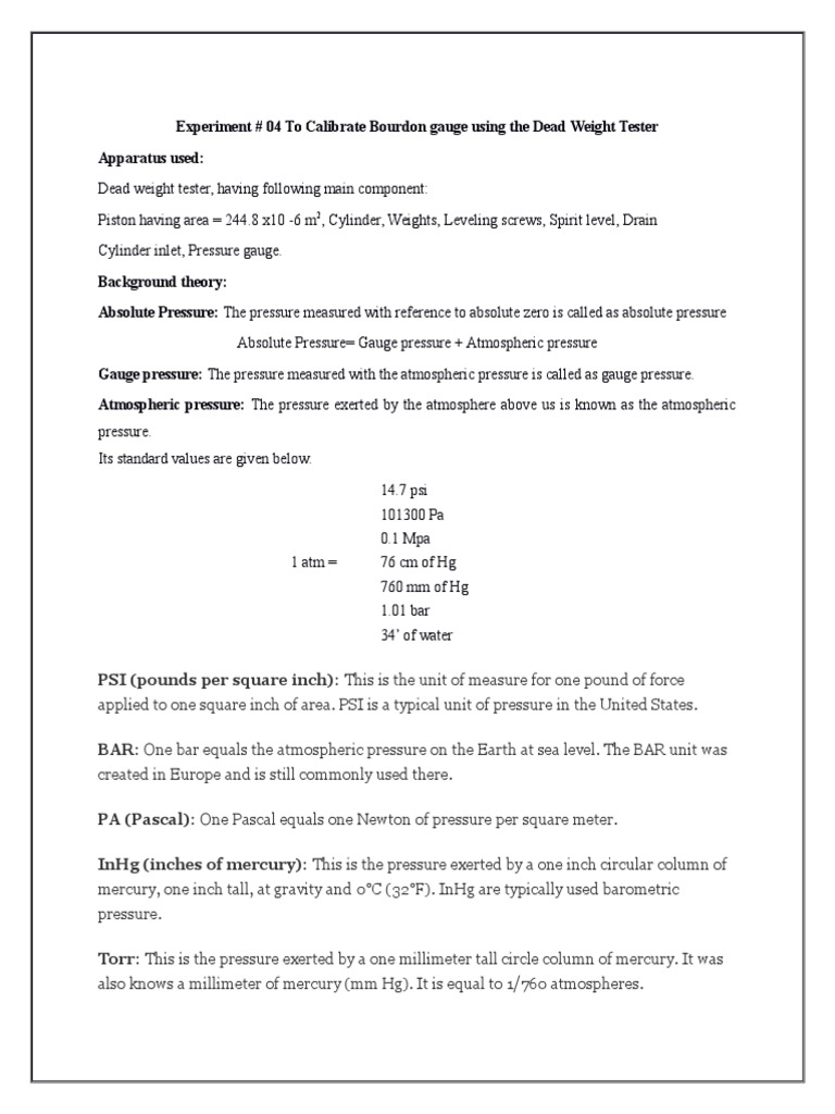 To Calibrate A Bourdon Gauge Using Dead Weight Tester | PDF | Pressure ...