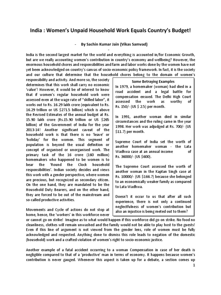 Unpaid Work Un-Recognized Household Work | PDF | Housewife | Labour ...