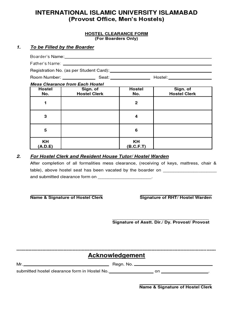 IIUI Hostel Clearance Form | PDF