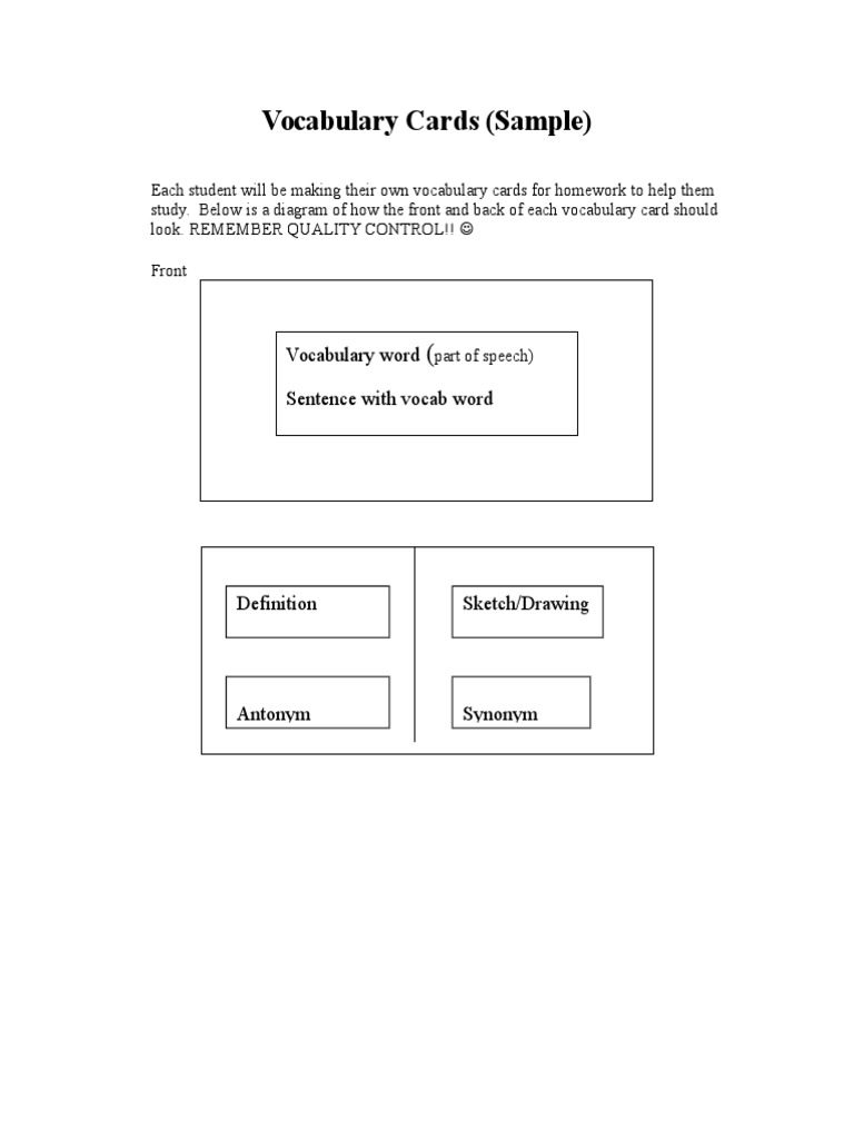 Vocabulary Cards (Sample) : Vocabulary Word Sentence With Vocab Word ...