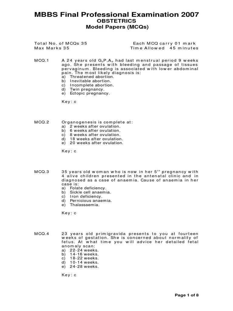 Obstetrics MCQ | PDF | Childbirth | Miscarriage