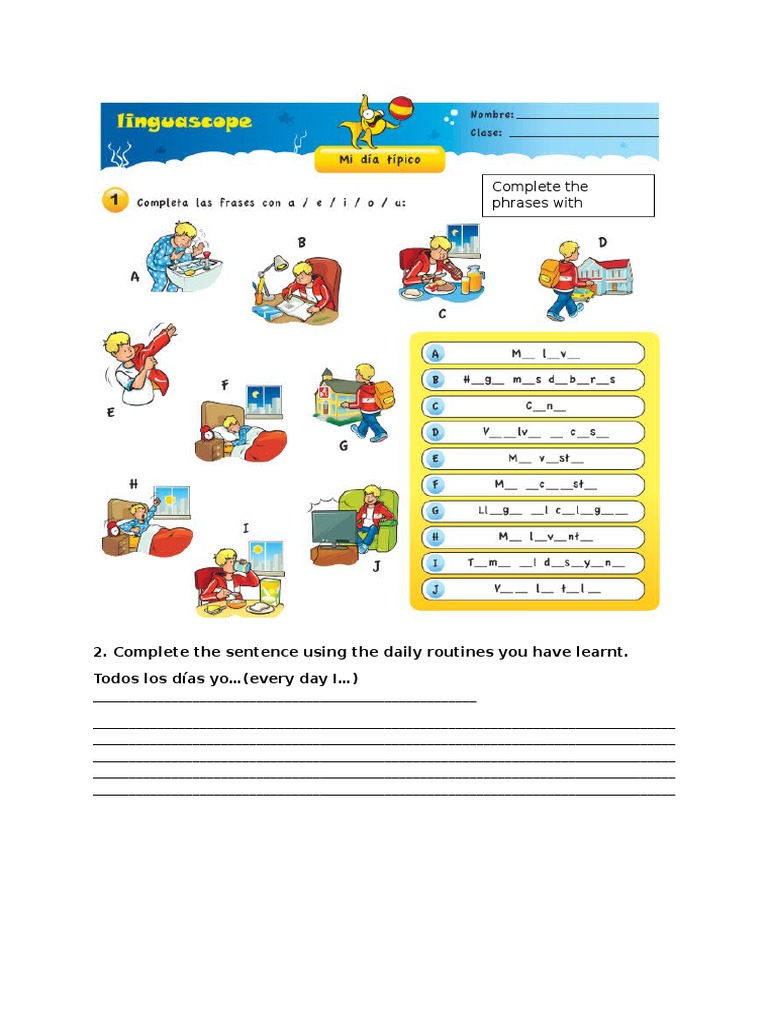 Daily Routines in Spanish: Completing Common Phrases to Illustrate a ...
