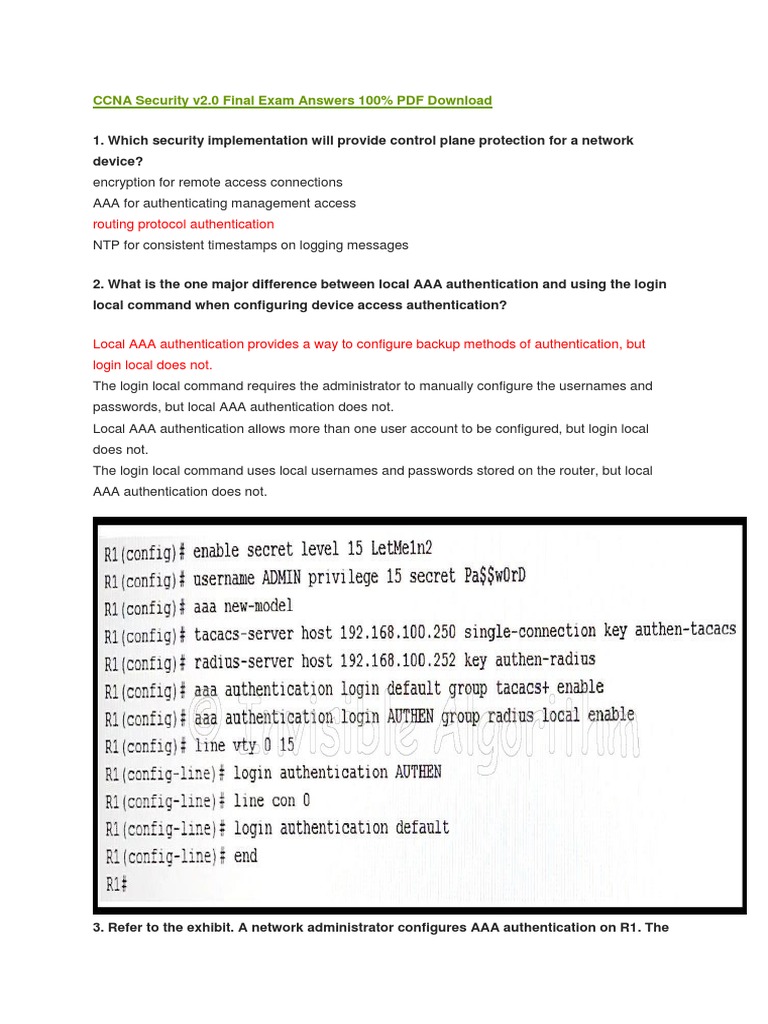 CCNA Security v2.0 Final Exam Answers 100% PDF Download: Routing Protocol Authentication | PDF ...
