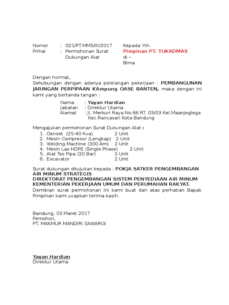 Permohonan Surat Dukungan Alat | PDF Permohonan Surat Dukungan Alat | PDF