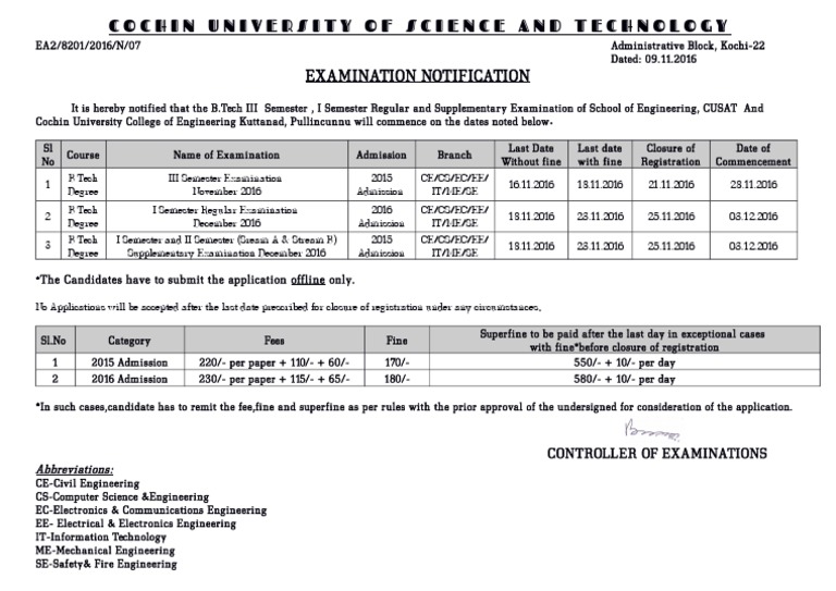 CUSAT Exam Notification for B.Tech III, I Semester Regular and Supplementary Exams | PDF ...