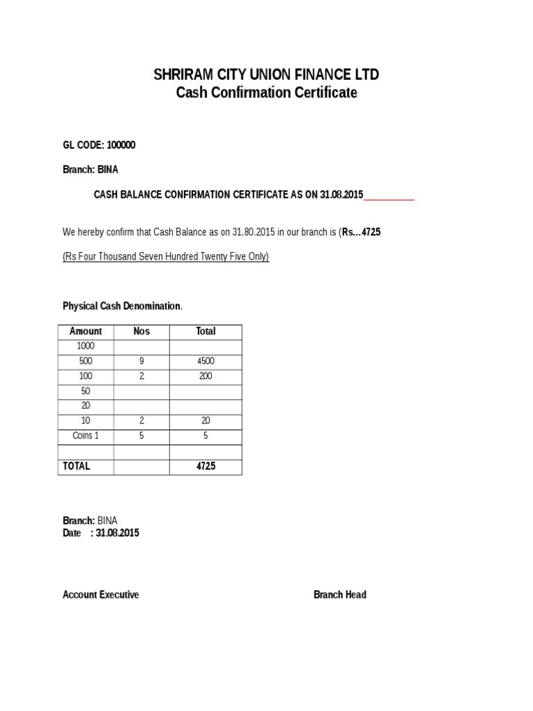 Cash Confirmation Format-Bina | PDF | Business | Finance & Money Management