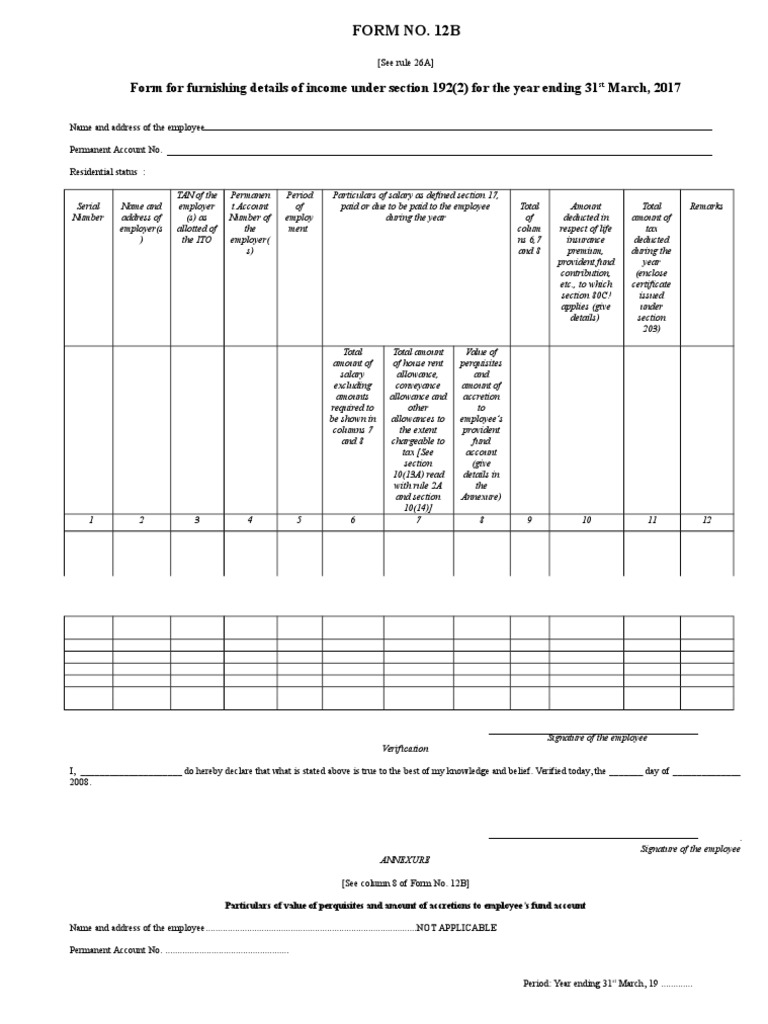 Form For Furnishing Details of Income Under Section 192 (2) For The ...